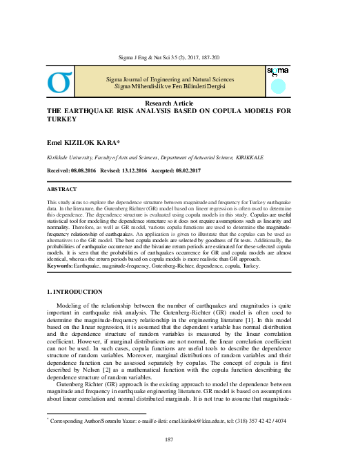 (PDF) The Earthquake Risk Analysis Based on Copula Models for Turkey