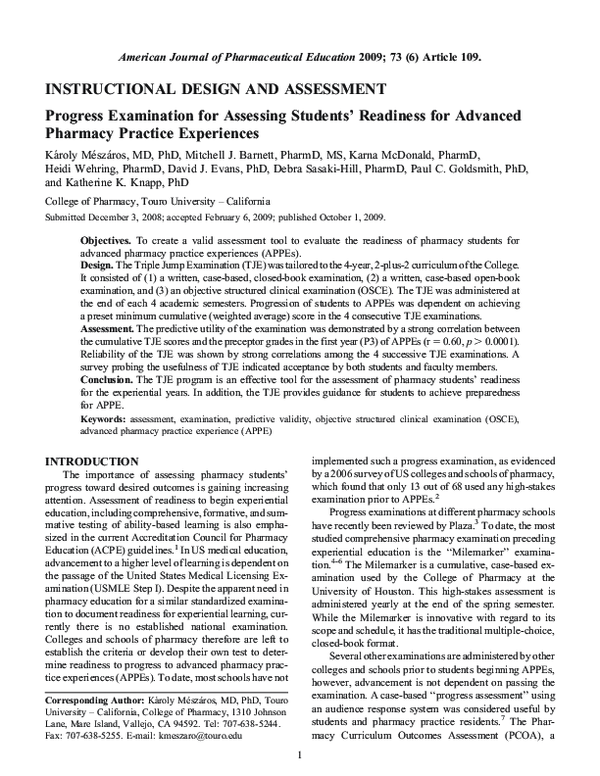 (PDF) Progress Examination for Assessing Students' Readiness for Advanced Pharmacy Practice ...
