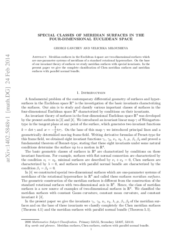 (PDF) 4 Special Classes of Meridian Surfaces in the Four-Dimensional ...