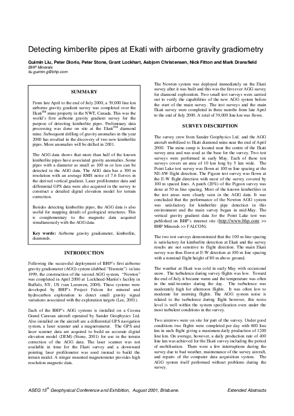 (PDF) Detecting kimberlite pipes at Ekati with airborne gravity gradiometry