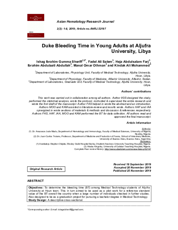 (PDF) Duke Bleeding Time in Young Adults at Aljufra University, Libya ...