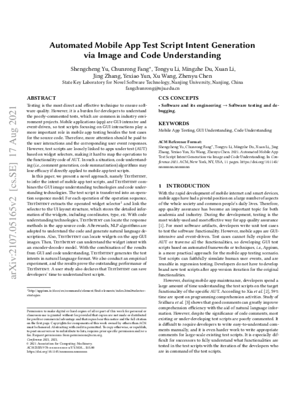 Pdf Automated Mobile App Test Script Intent Generation Via Image And Code Understanding