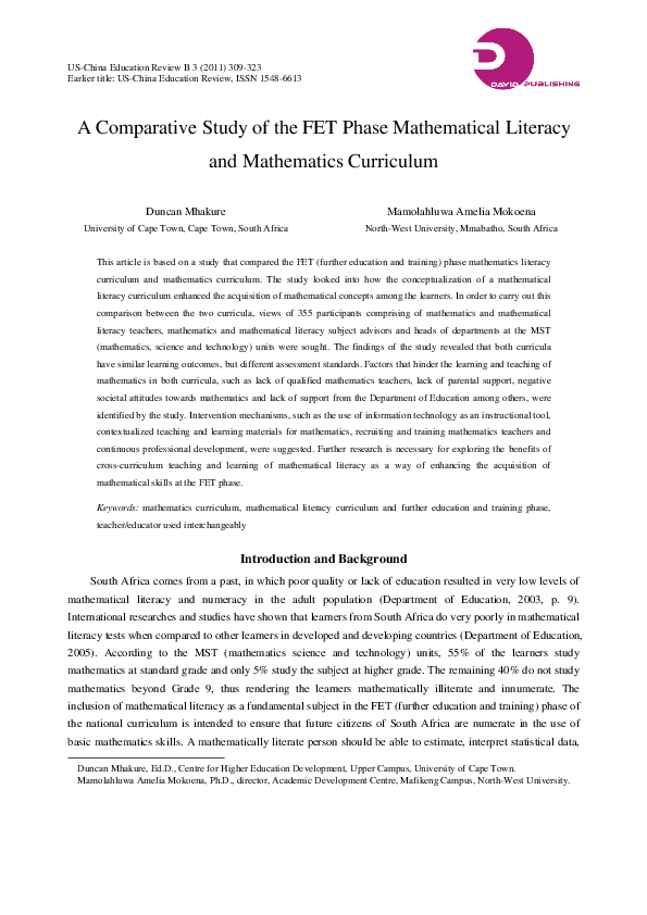 (PDF) A Comparative Study of the FET Phase Mathematical Literacy and ...