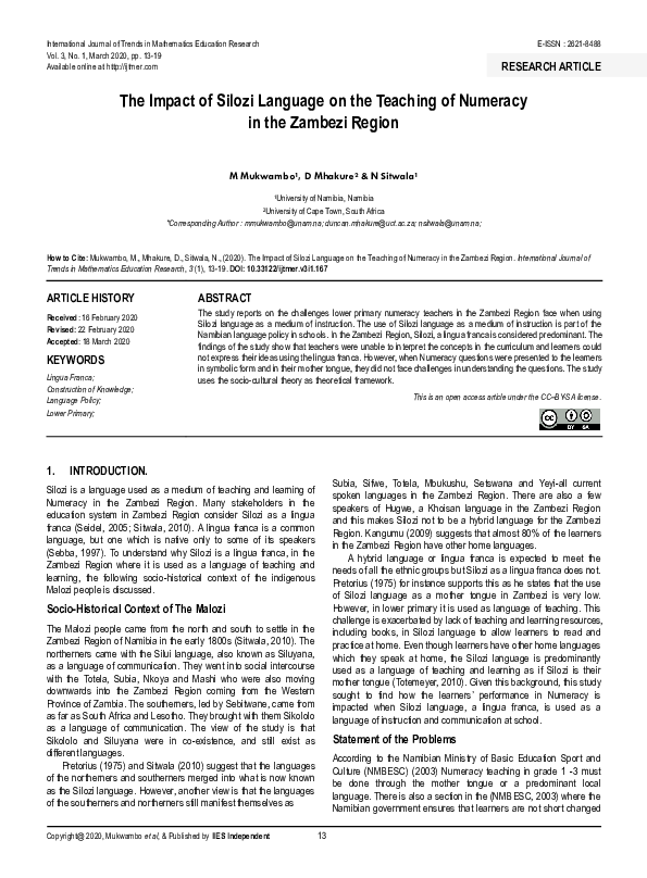 (PDF) The Impact of Silozi Language on the Teaching of Numeracy in the ...