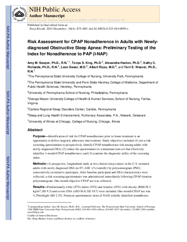 (PDF) Risk assessment for CPAP nonadherence in adults with newly ...