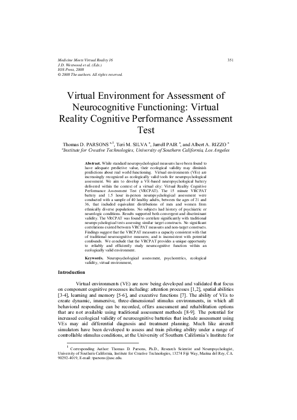 Pdf Virtual Environment For Assessment Of Neurocognitive Functioning Virtual Reality