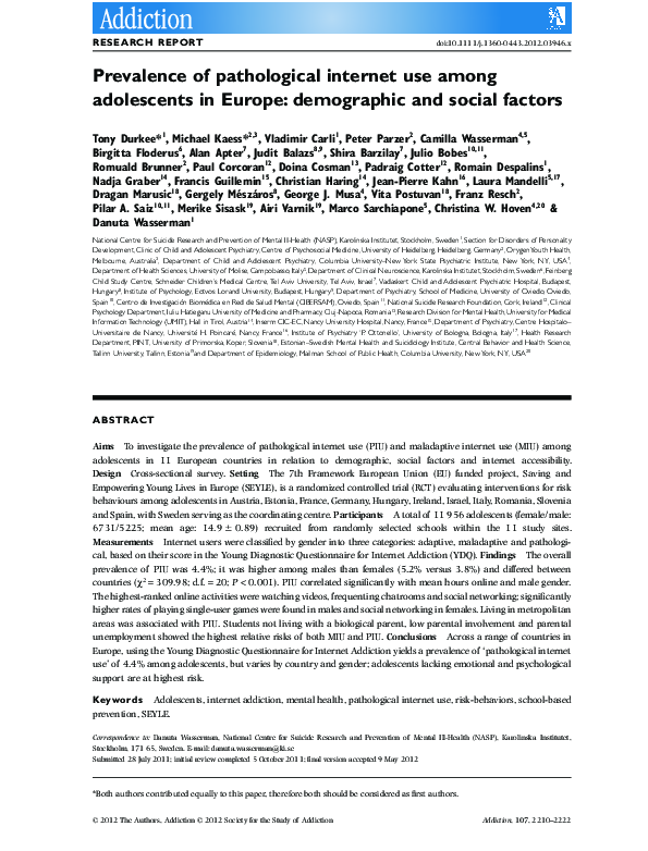 (PDF) Prevalence of pathological internet use among adolescents in ...