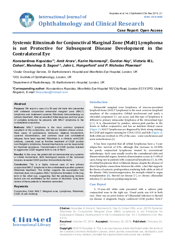 (PDF) Systemic Rituximab for Conjunctival Marginal Zone (Malt) Lymphoma ...