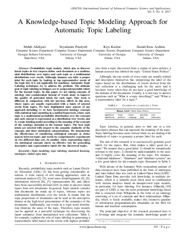 (PDF) A Knowledge-based Topic Modeling Approach for Automatic Topic Labeling | Hamid Arabnia ...