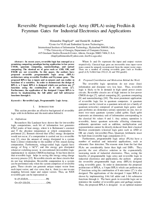 Pdf A Reversible Programmable Logic Array Rpla Using Fredkin And