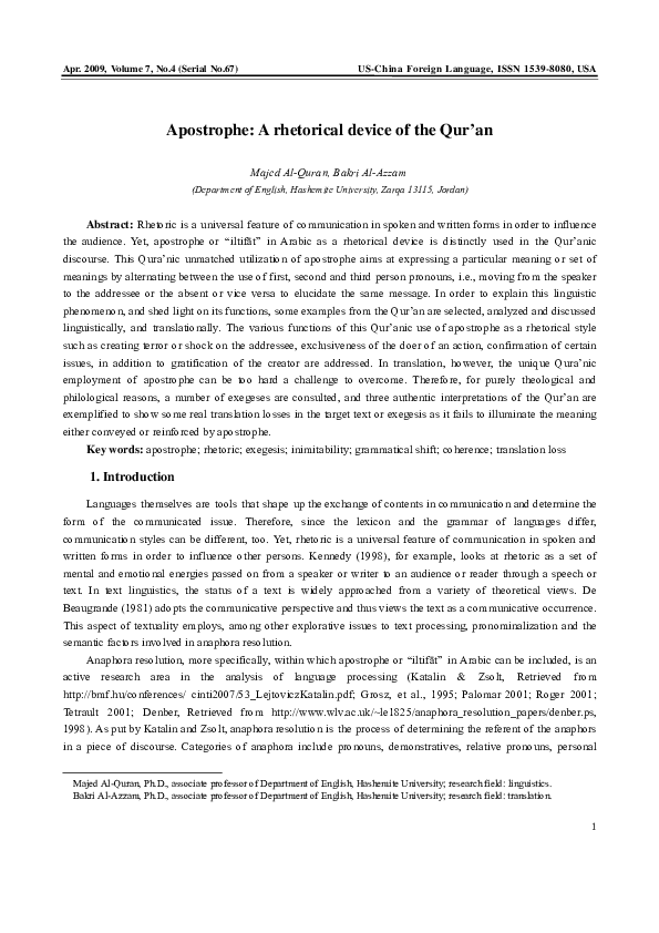 (PDF) Apostrophe: A rhetorical device of the Qur'an