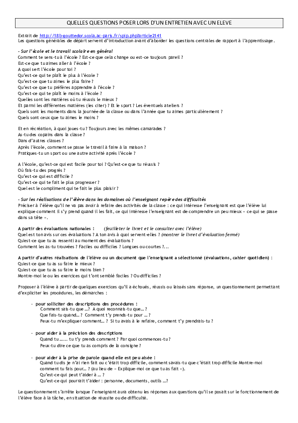 QUELLES QUESTIONS POSER LORS D'UN ENTRETIEN AVEC UN ELEVE