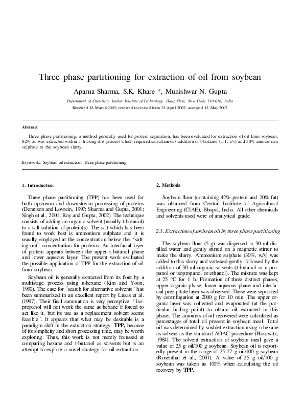 (PDF) Three phase partitioning for extraction of oil from soybean