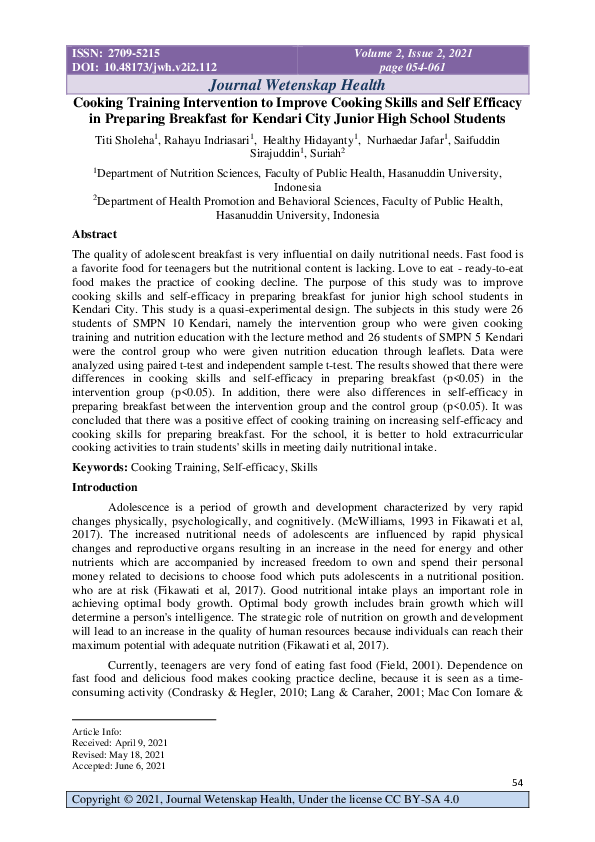 (PDF) Cooking Training Intervention to Improve Cooking Skills and Self ...