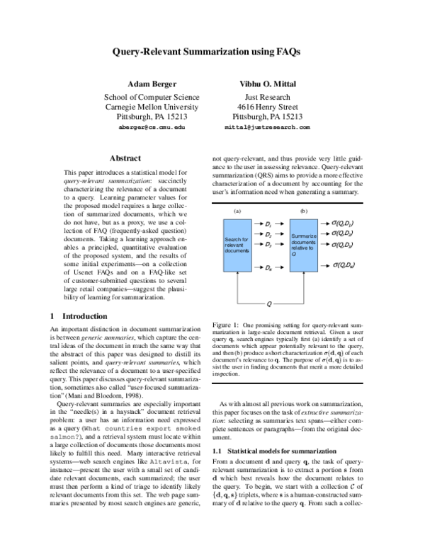 (PDF) Query-relevant summarization using FAQs