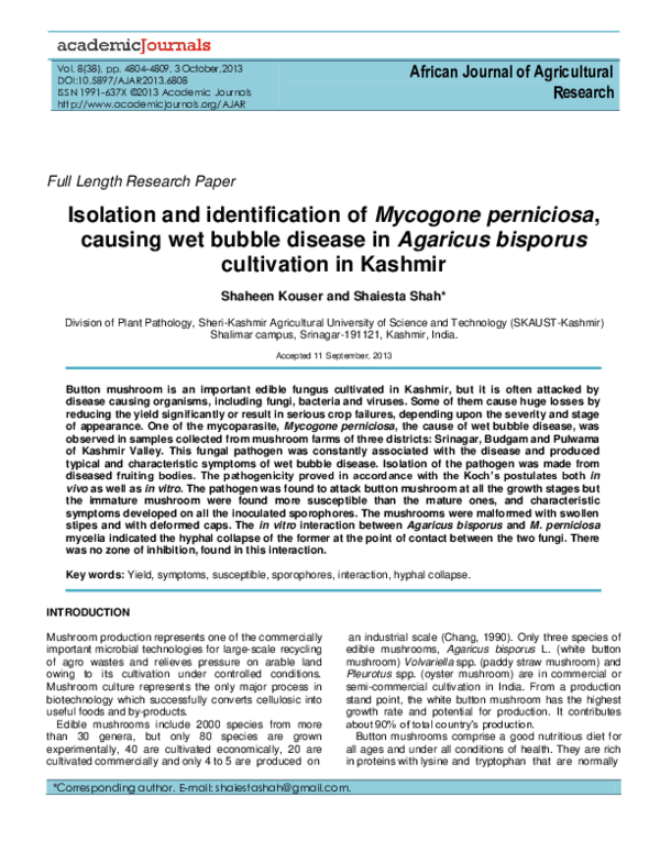(PDF) Isolation and identification of Mycogone perniciosa, causing wet bubble disease in ...