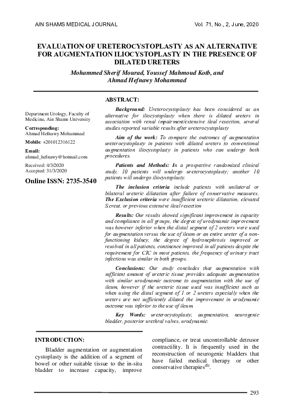 (PDF) Evaluation of Ureterocystoplasty as an Alternative for ...