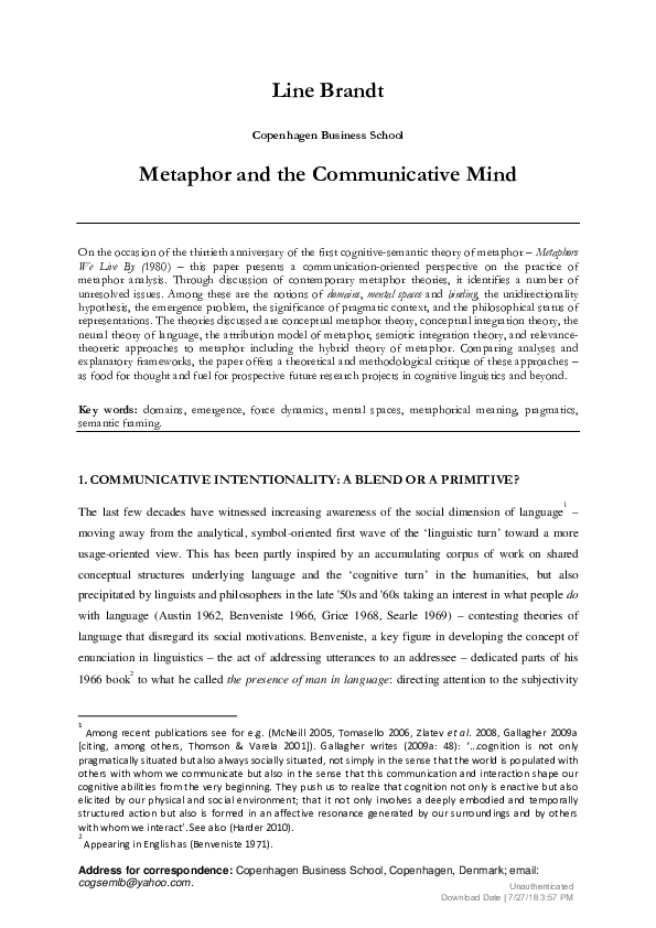 (PDF) The “ Conduit Metaphor ” Revisited : a Reassessment of Metaphors ...