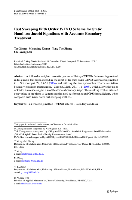 (PDF) Fast Sweeping Fifth Order WENO Scheme for Static Hamilton-Jacobi Equations with Accurate ...