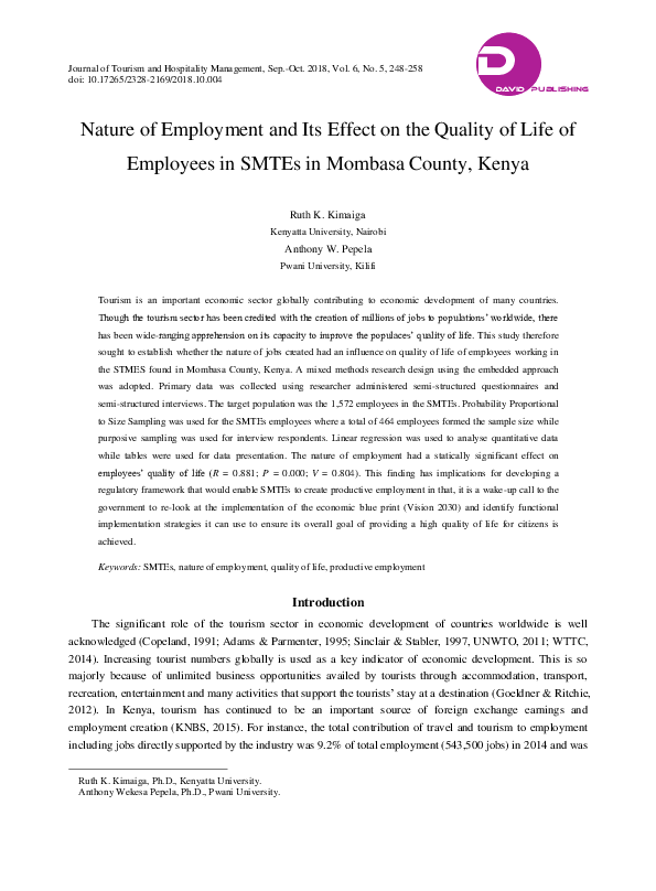 (PDF) Nature of Employment and Its Effect on the Quality of Life of ...