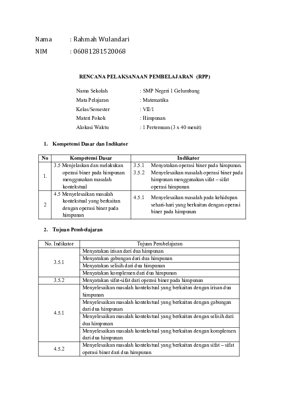 (DOC) RENCANA PELAKSANAAN PEMBELAJARAN (RPP) Nama Sekolah : SMP Negeri ...