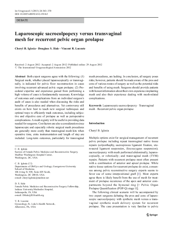 (PDF) Laparoscopic sacrocolpopexy versus transvaginal mesh for recurrent pelvic organ prolapse