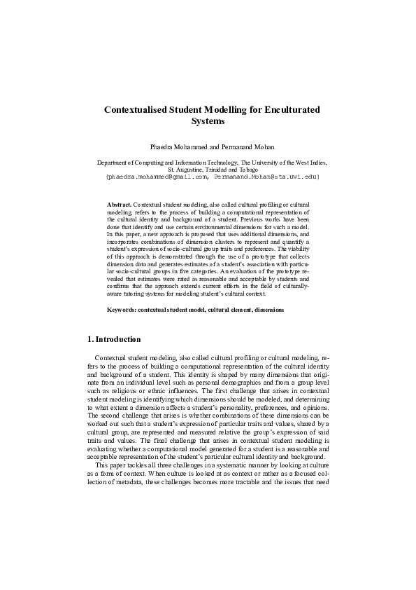 (PDF) Contextualised Student Modelling for Enculturated Systems