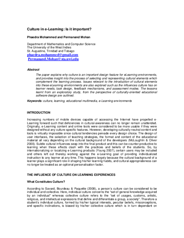 (PDF) Culture in e-Learning: Is it important? | Permanand Mohan ...