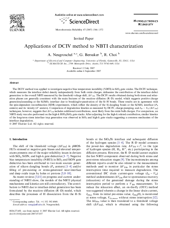 (PDF) Applications of DCIV method to NBTI characterization
