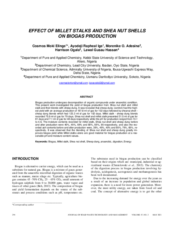 (PDF) EFFECT OF MILLET STALKS AND SHEA NUT SHELLS ON BIOGAS PRODUCTION