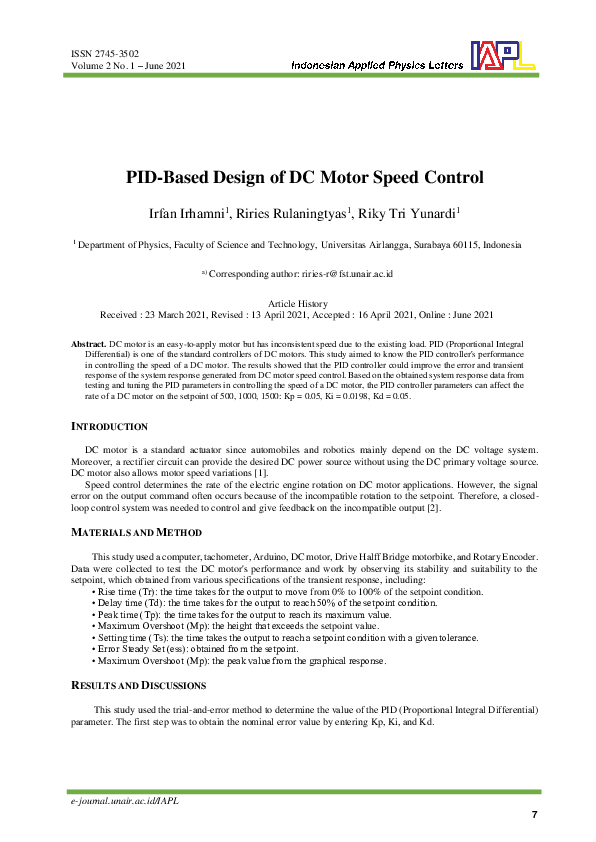 (PDF) PID-Based Design of DC Motor Speed Control