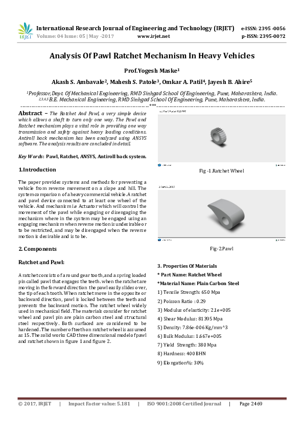 (PDF) Analysis Of Pawl Ratchet Mechanism In Heavy Vehicles