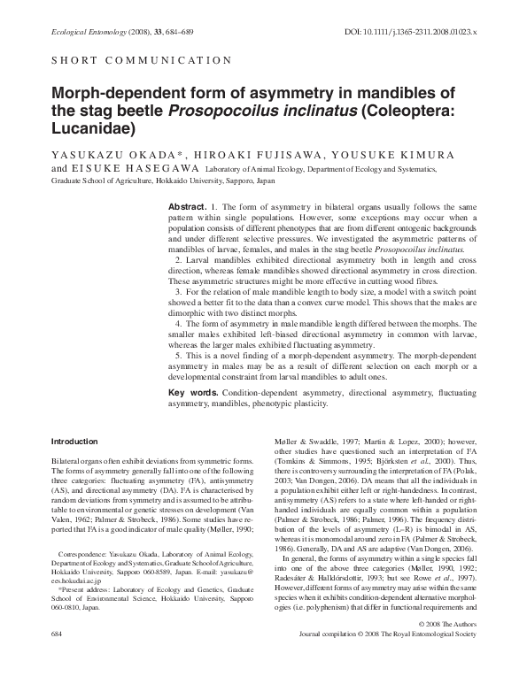 (PDF) Morph-dependent form of asymmetry in mandibles of the stag beetle Prosopocoilus inclinatus ...