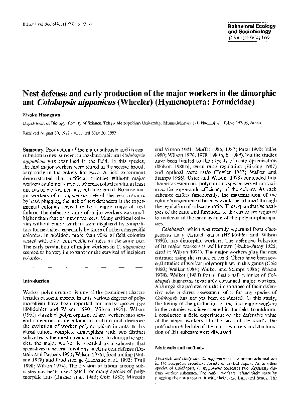 (PDF) Nest defense and early production of the major workers in the ...