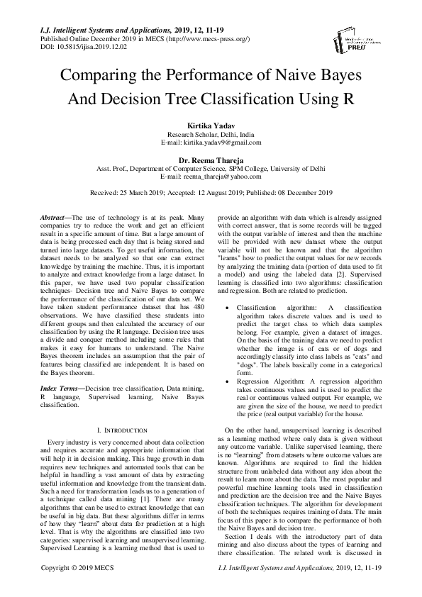 Pdf Comparing The Performance Of Naive Bayes And Decision Tree