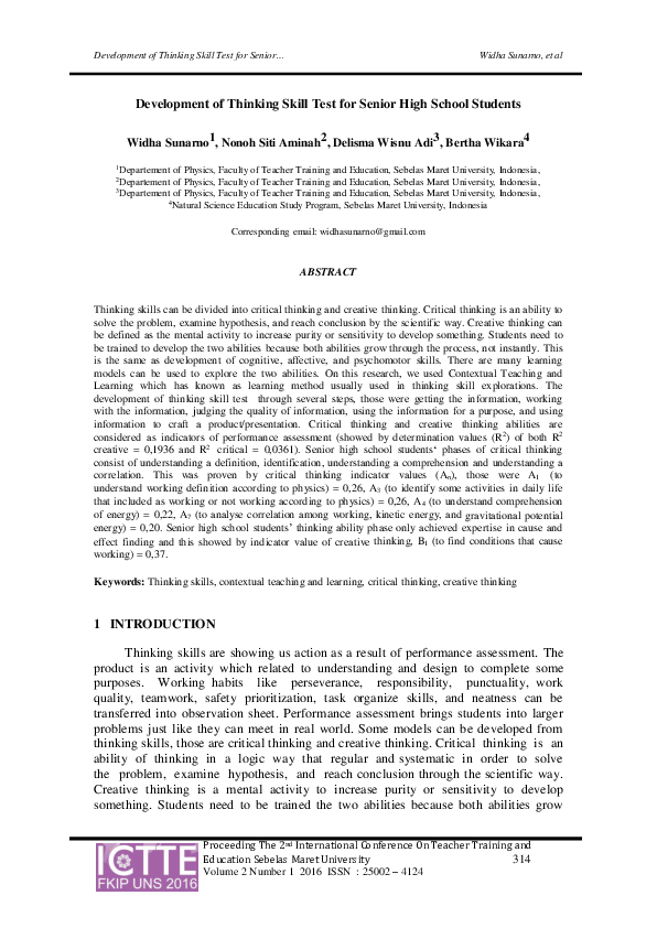 (PDF) Development of Thinking Skill Test for Senior High School Students