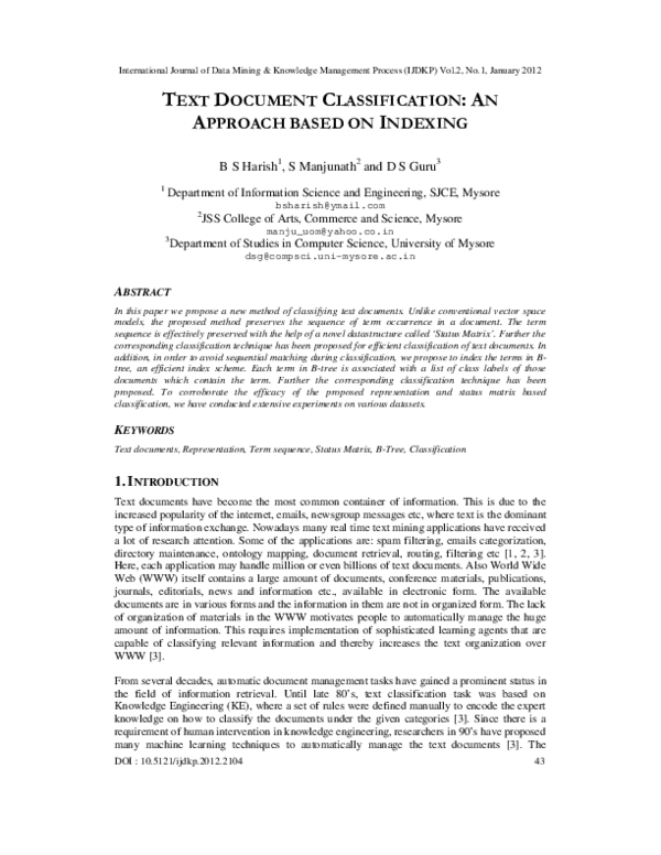 Pdf Text Document Classification An Approach Based On Indexing