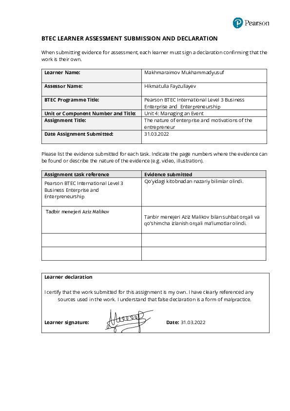 (DOC) BTEC Learner Assessment Submission and Declaration When submitting evidence for assessment ...