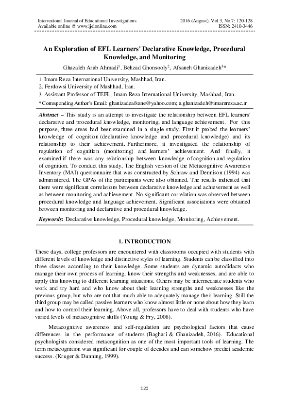 (PDF) An Exploration of EFL Learners ' Declarative Knowledge , Procedural Knowledge , and Monitoring