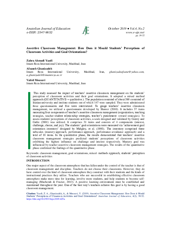 (PDF) Assertive Classroom Management: How Does it Mould Students ...