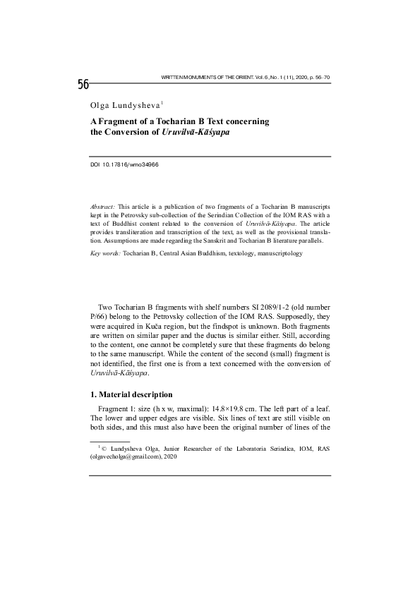 (PDF) A fragment of a Tocharian B text concerning the conversion of ...