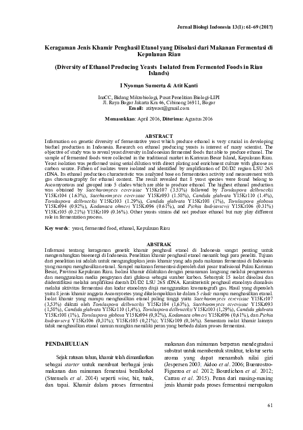 (PDF) Keragaman Jenis Khamir Penghasil Etanol Yang Diisolasi Dari ...