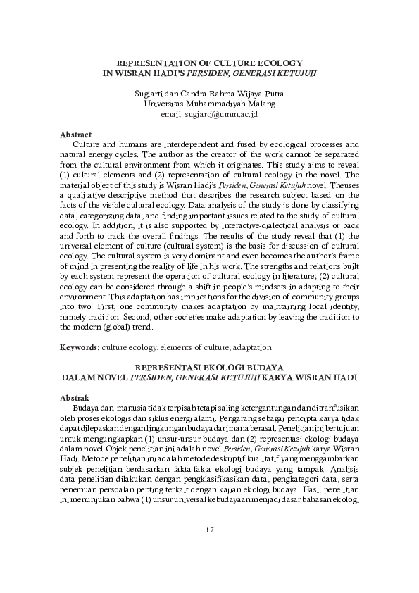 (PDF) Representation of Culture Ecology in Wisran Hadi’s Persiden, Generasi Ketujuh