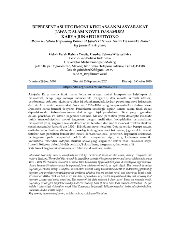 (PDF) Representasi Hegemoni Kekuasaan Masyarakat Jawa Dalam Novel ...
