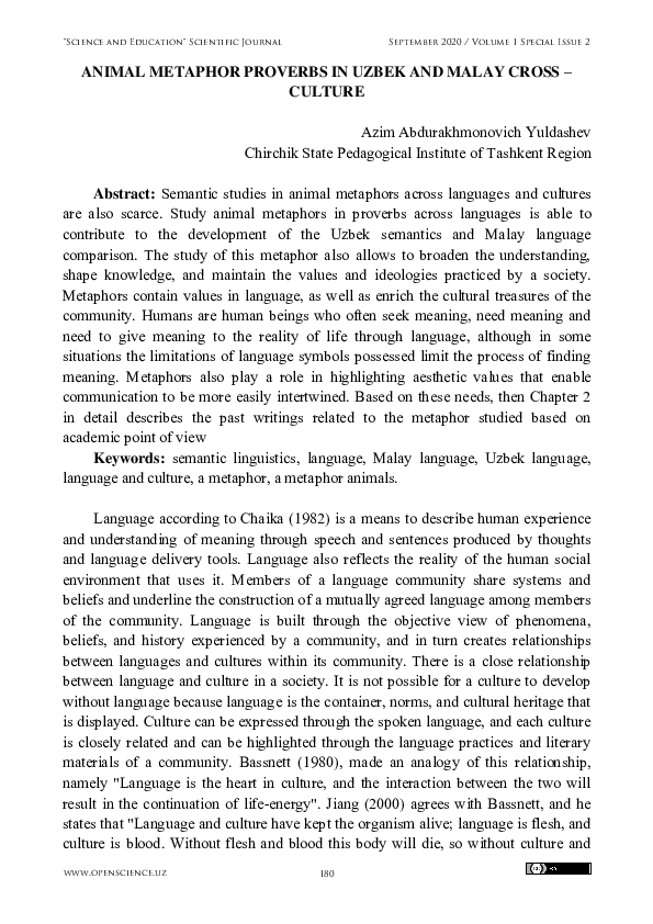 (PDF) Animal Metaphor Proverbs in Uzbek and Malay Cross – Culture