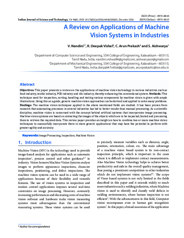 (PDF) A Review on Applications of Machine Vision Systems in Industries