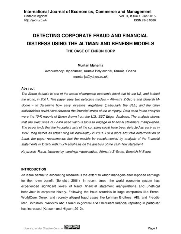 (PDF) Detecting Corporate Fraud and Financial Distress Using the Altman ...