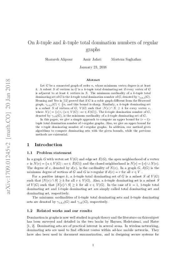 (PDF) On $k$-tuple and $k$-tuple total domination numbers of regular graphs