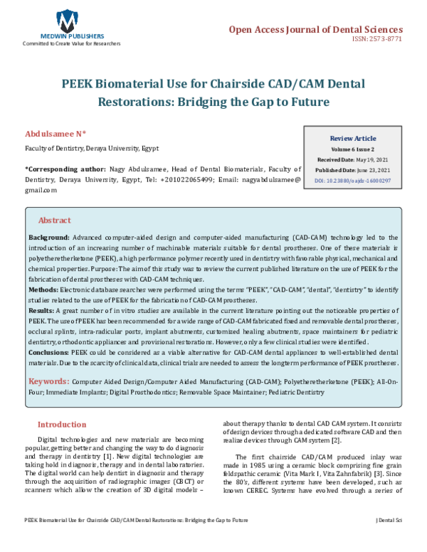 (PDF) PEEK Biomaterial Use for Chairside CAD/CAM Dental Restorations ...