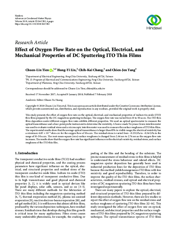 (PDF) Effect of Oxygen Flow Rate on the Optical, Electrical, and ...